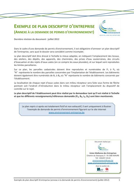 Exemple de plan descriptif d'entreprise - Permis d'Environnement