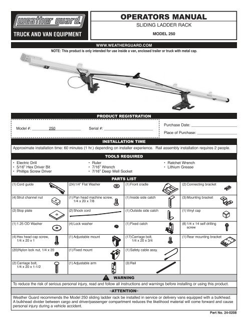 Model 250 Sliding Ladder Rack Installation ... - Weather Guard
