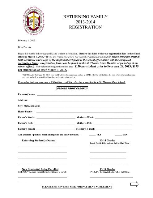 Registration Forms for Returning Students - St. Thomas More School