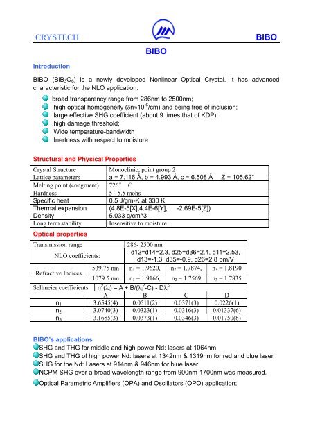 CRYSTECH BIBO BIBO - ILPhotonics.com