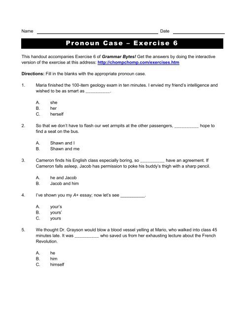 Pronoun Case â Exercise 6 - Grammar Bytes!