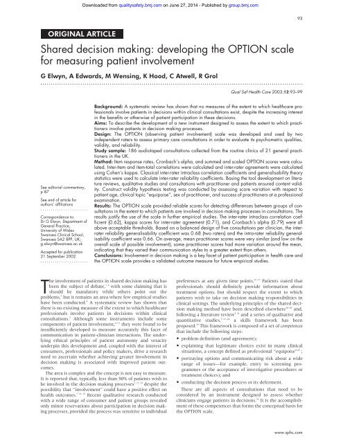 Shared decision making: developing the OPTION scale for ...