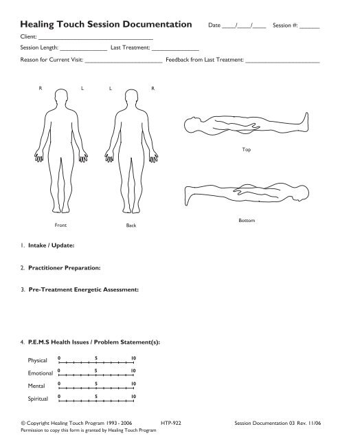 Healing Touch Session Documentation - Healing Touch Program