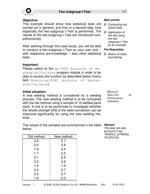 Two subgroup t-Test 1/7 Objective: This example should ... - Q-DAS