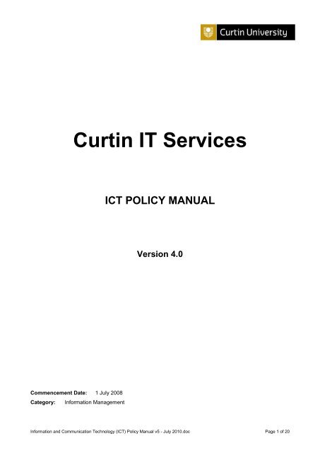(ICT) Policy Manual - Curtin Policies and Procedures