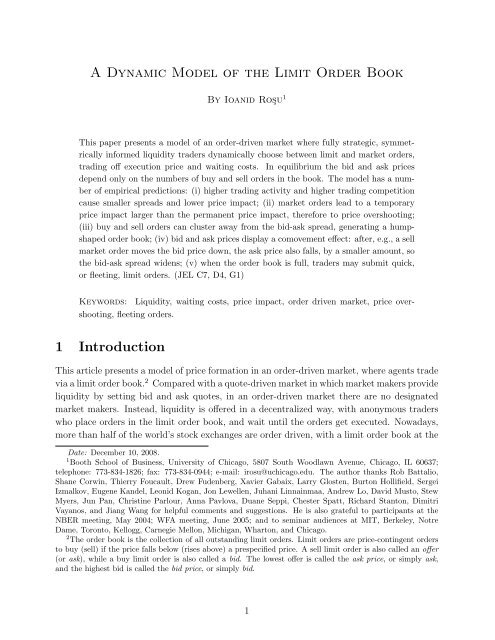 A Dynamic Model of the Limit Order Book 1 Introduction - HEC Paris