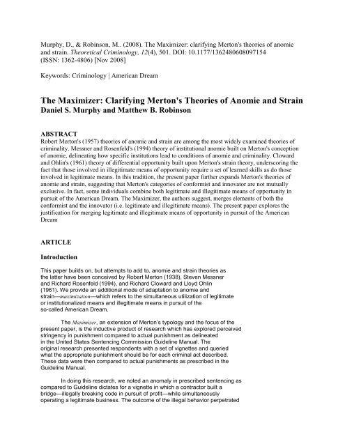 The Maximizer: Clarifying Merton's Theories of Anomie and Strain