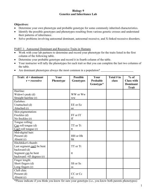 1 Biology 9 Genetics And Inheritance Lab Objectives