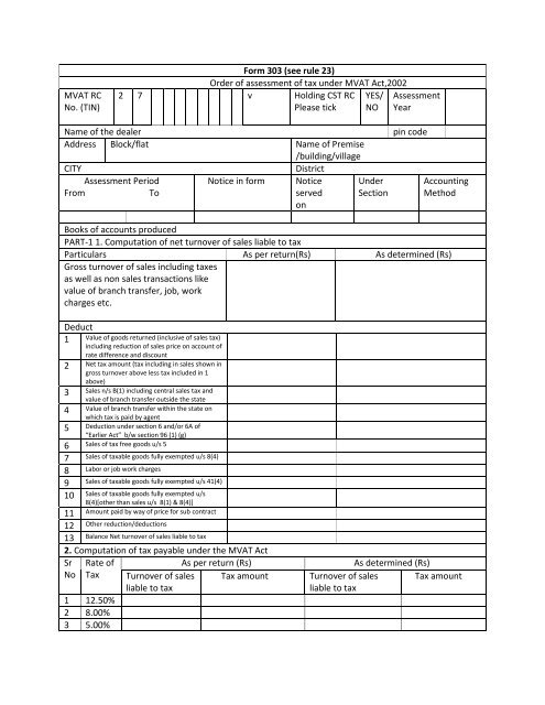 Form 303 (see rule 23) Order of assessment of tax under MVAT Act ...