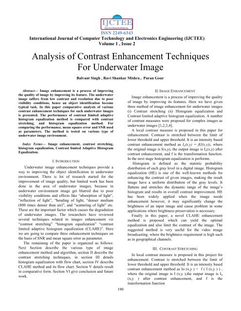 Analysis of Contrast Enhancement Techniques For Underwater Image