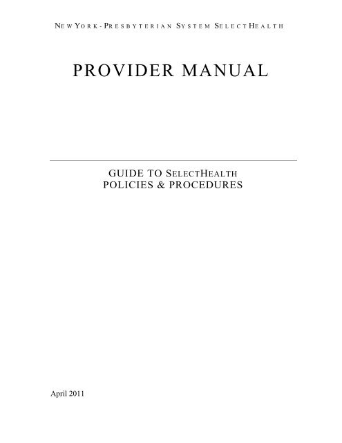PROVIDER MANUAL - New York Presbyterian Hospital