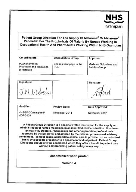Patient Group Direction For The Supply Of ... - NHS Grampian
