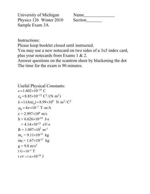 sample exam 3a - University of Michigan