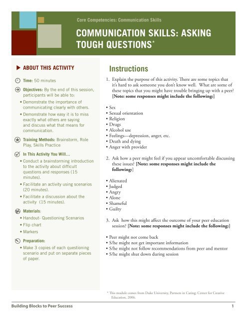 communication skills: asking tough questions - Peer Education ...