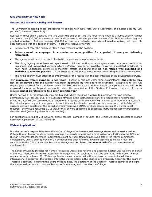 211 Waiver Request Procedure and Application - CUNY