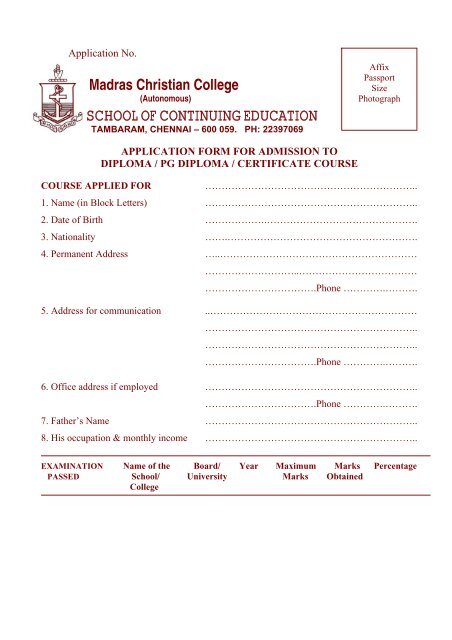 Application Form - Madras Christian College
