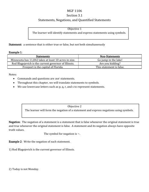 MGF 1106 Section 3.1 Statements, Negations, and Quantified ...