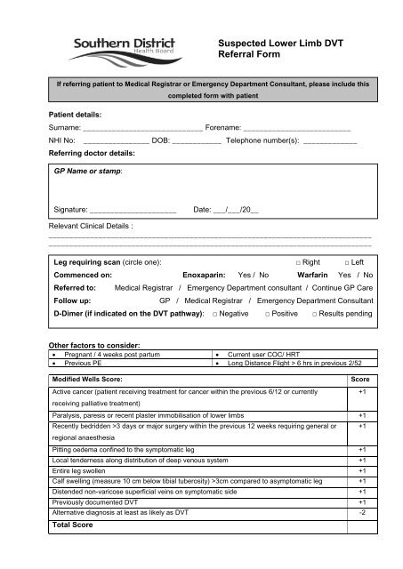 DVT Pathway Southland - Southern District Health Board
