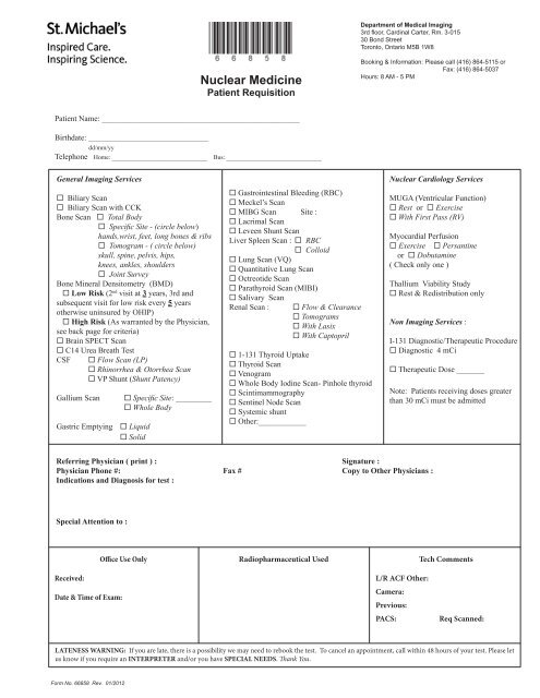 Nuclear Medicine Patient Requisition form - St. Michael's Hospital