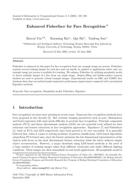 Enhanced Fisherface for Face Recognition ⋆ 1 Introduction