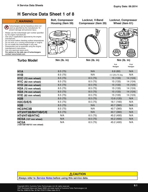 H Service Data Sheet 1 of 8 - Holset Turbochargers