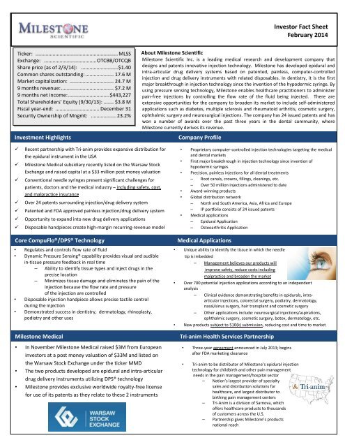 Corporate Fact Sheet - Milestone Scientific