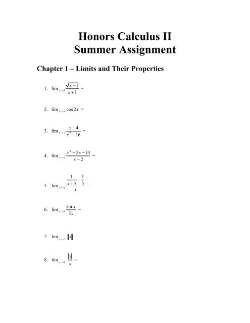 Honors Calculus II Summer Assignment