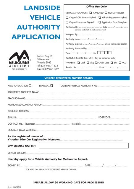 LANDSIDE VEHICLE AUTHORITY APPLICATION - Melbourne Airport