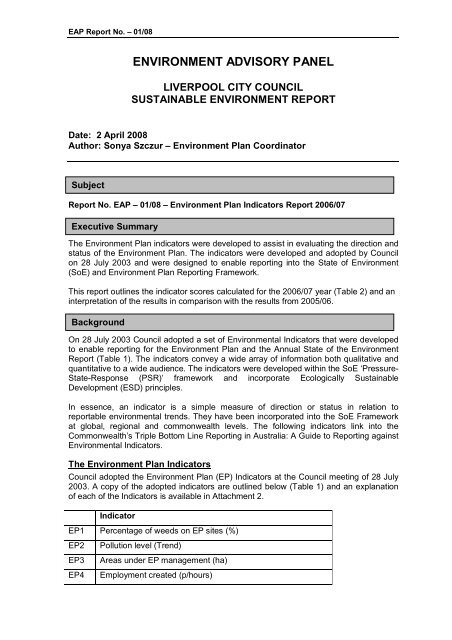 EAP Report No. 01/08 Environment Plan Indicators Report 2006/07