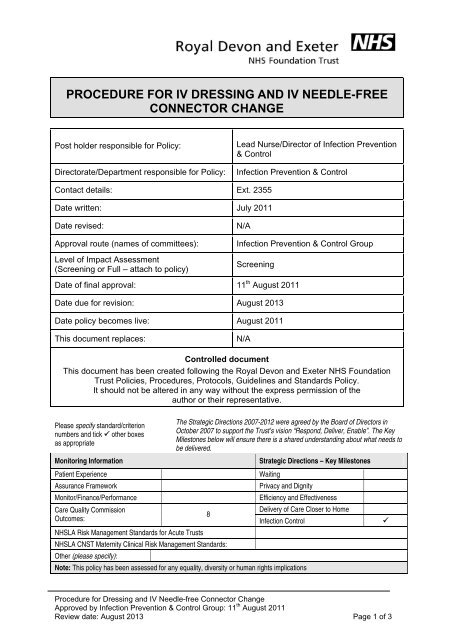 Procedure for Dressing and IV Needle-free Connector Change