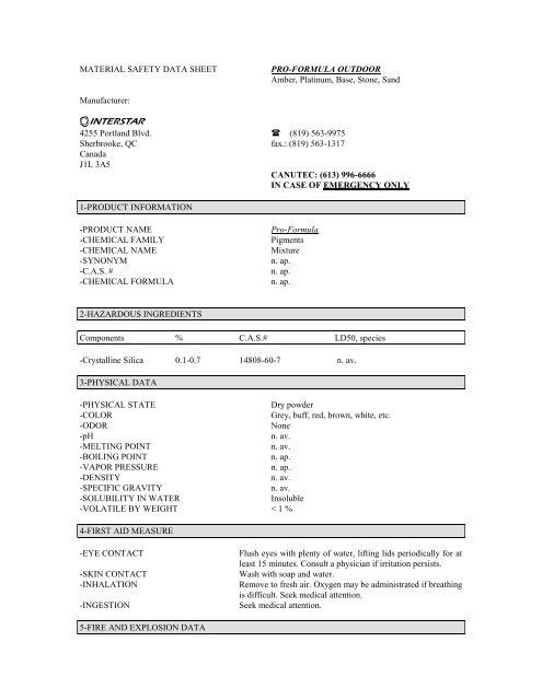MATERIAL SAFETY DATA SHEET PRO-FORMULA OUTDOOR ...