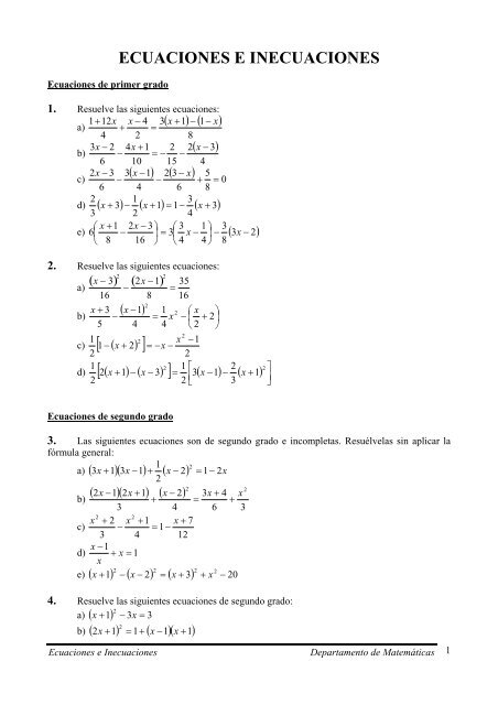 Ecuaciones e inecuaciones de primer y segundo grado