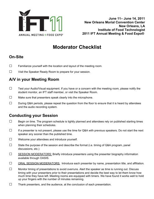 Moderator Checklist - IFT Annual Meeting & Food Expo