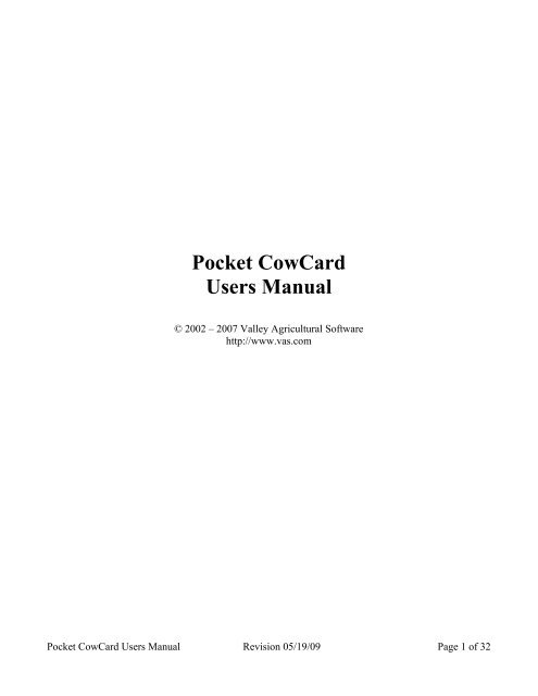 Pocket CowCard Users Manual - Valley Ag. Software