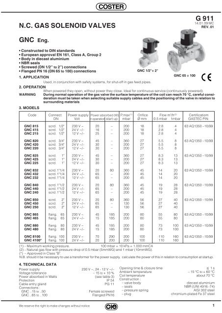 N.C. GAS SOLENOID VALVES GNC Eng. G 911 - Coster