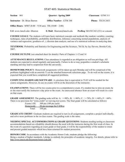 STAT 405: Statistical Methods - Louisiana Tech University
