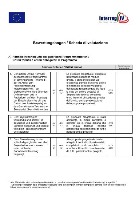 Bewertungsbogen / Scheda di valutazione - Interreg IV Italia â Austria