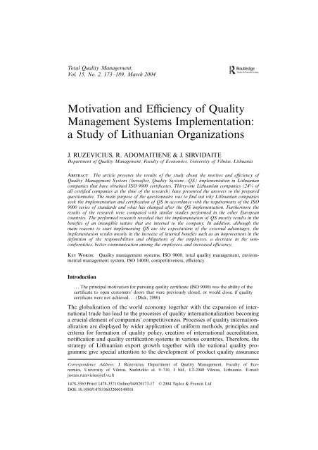 Motivation and Efficiency of Quality Management Systems ...