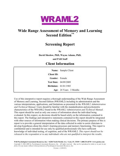 WRAML2 - Screening Report - Psychological Assessment ...