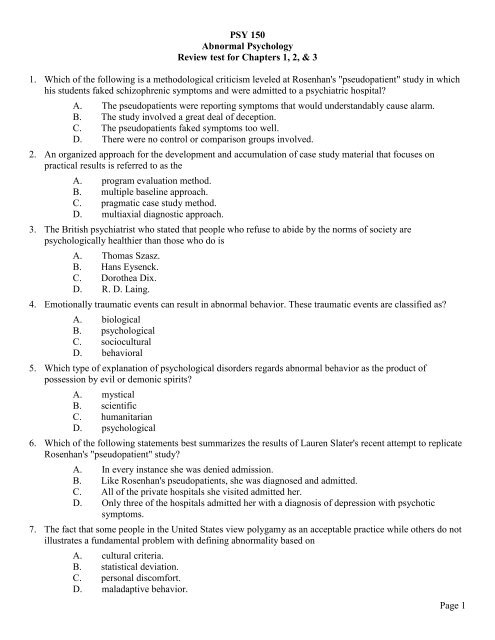PSY 150 Abnormal Psychology Review test for Chapters 1, 2, & 3 ...