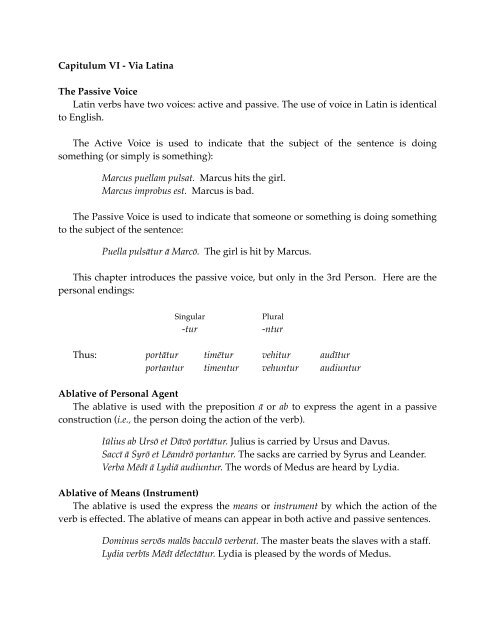 Capitulum VI - Via Latina The Passive Voice Latin ... - The Latin Library