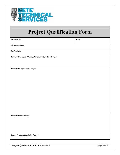 BETE Technical Services Project Qualification Form