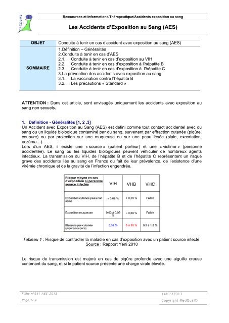 Les Accidents d'Exposition au Sang (AES) - MedQual