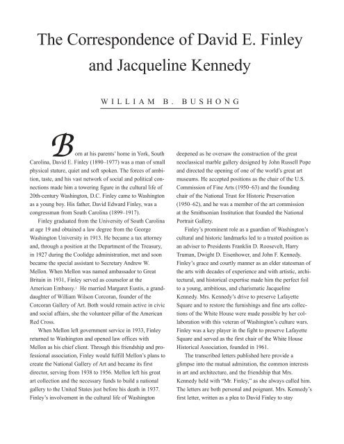 The Correspondence of David E. Finley and Jacqueline Kennedy