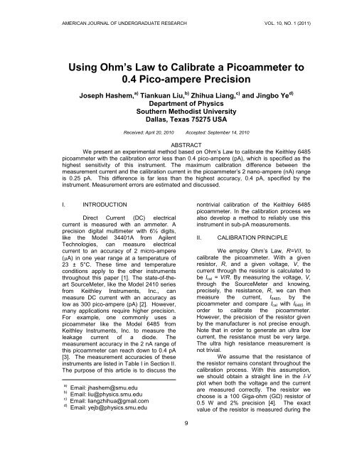Using Ohm's Law to Calibrate a Picoammeter to 0.4 Pico-ampere ...