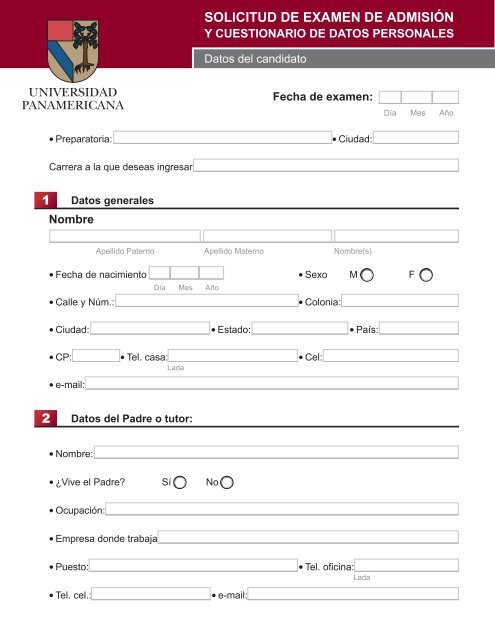 SOLICITUD DE EXAMEN DE ADMISIÓN - Universidad Panamericana