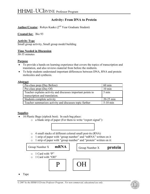 Transcription to Translation Scavenger Hunt - Diane O'Dowd, HHMI ...