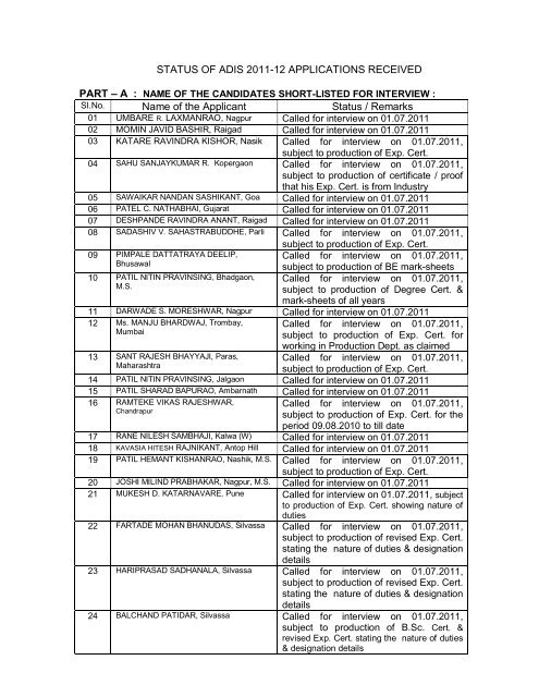 STATUS OF ADIS 2011-12 APPLICATIONS RECEIVED ... - DGFASLI