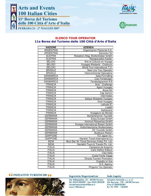 ELENCO TOUR OPERATOR 11a Borsa del Turismo delle 100 CittÃ ...