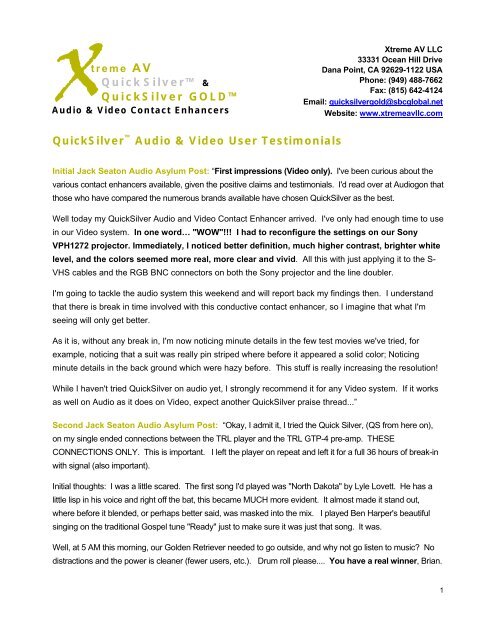 QuickSilver Audio & Video User Testimonials - Xtreme Cables